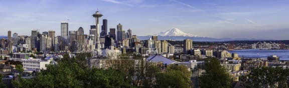 a view of the seattle skyline with mt rainier in the background